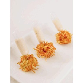 Chicken dumpling with crispy potato with miso dressing